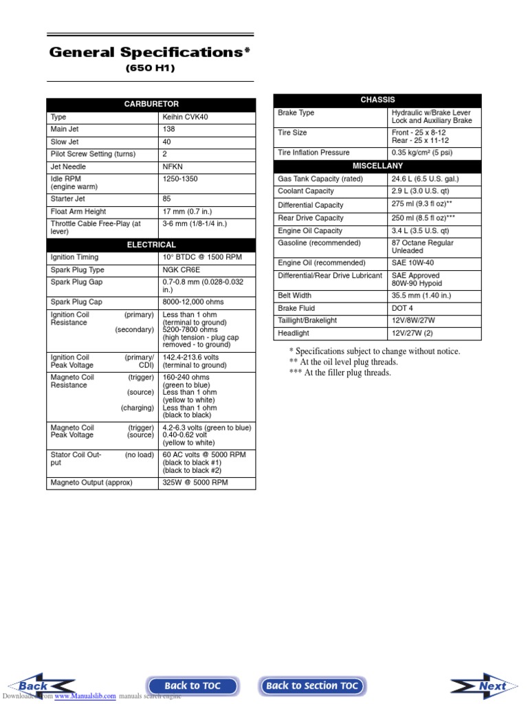 Arctic Cat 650 H1 Specs | PDF | Ignition System | Electrical Engineering