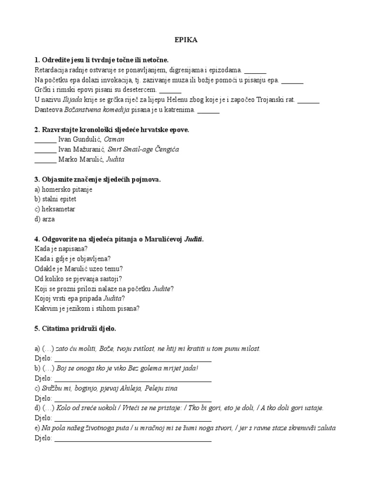 Epika (Ponavljanje Za Pisanu Provjeru) | PDF