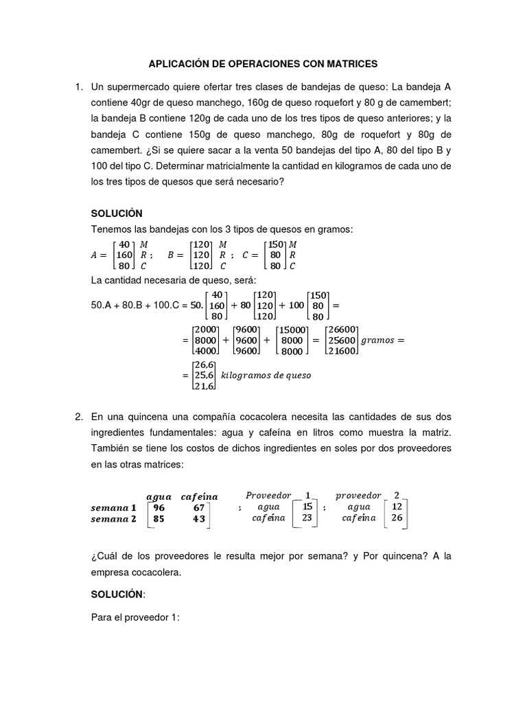 Aplicación de Operaciones Con Matrices | PDF | Matriz (Matemáticas) | Queso