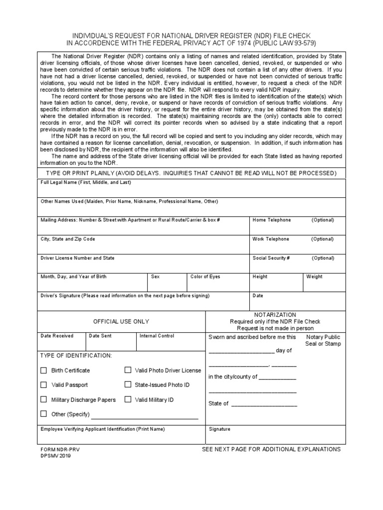NDR Request Form For Driving Record | Download Free PDF | Identity ...