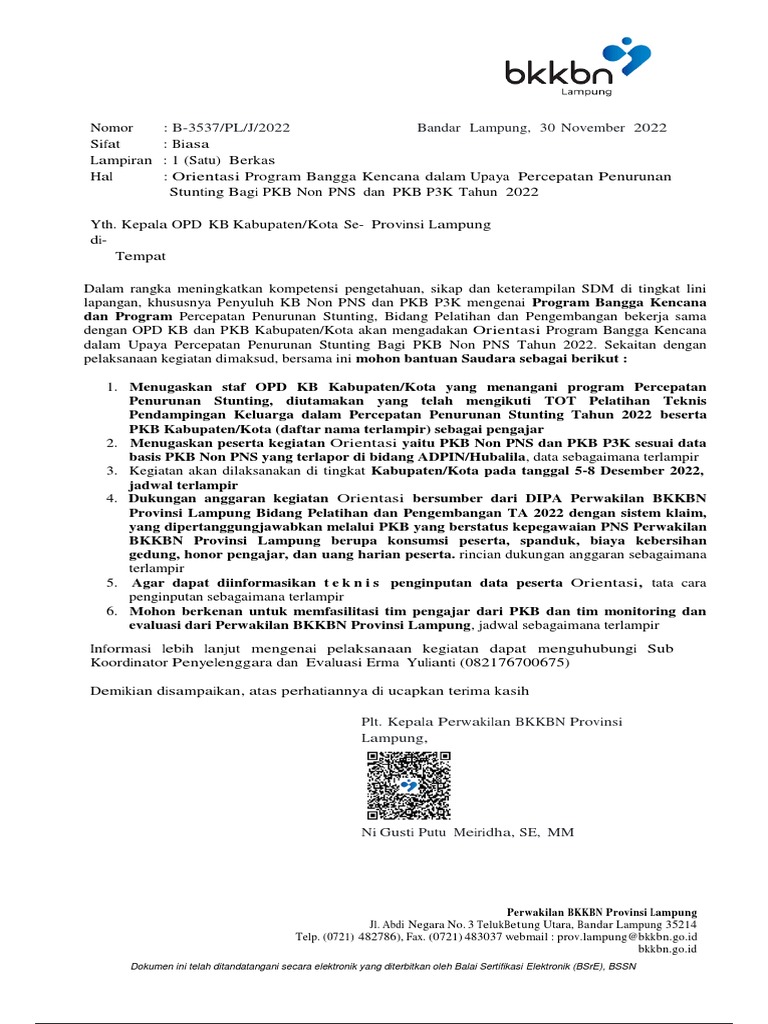 Surat OPD Pelatihan Program Bangga Kencana Dan Stunting Bagi PKB Non PNS Dan PKB P3K | PDF