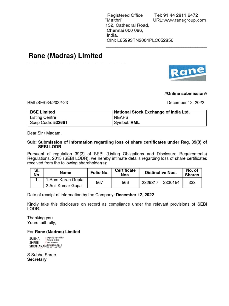 Rane (Madras) Limited | PDF