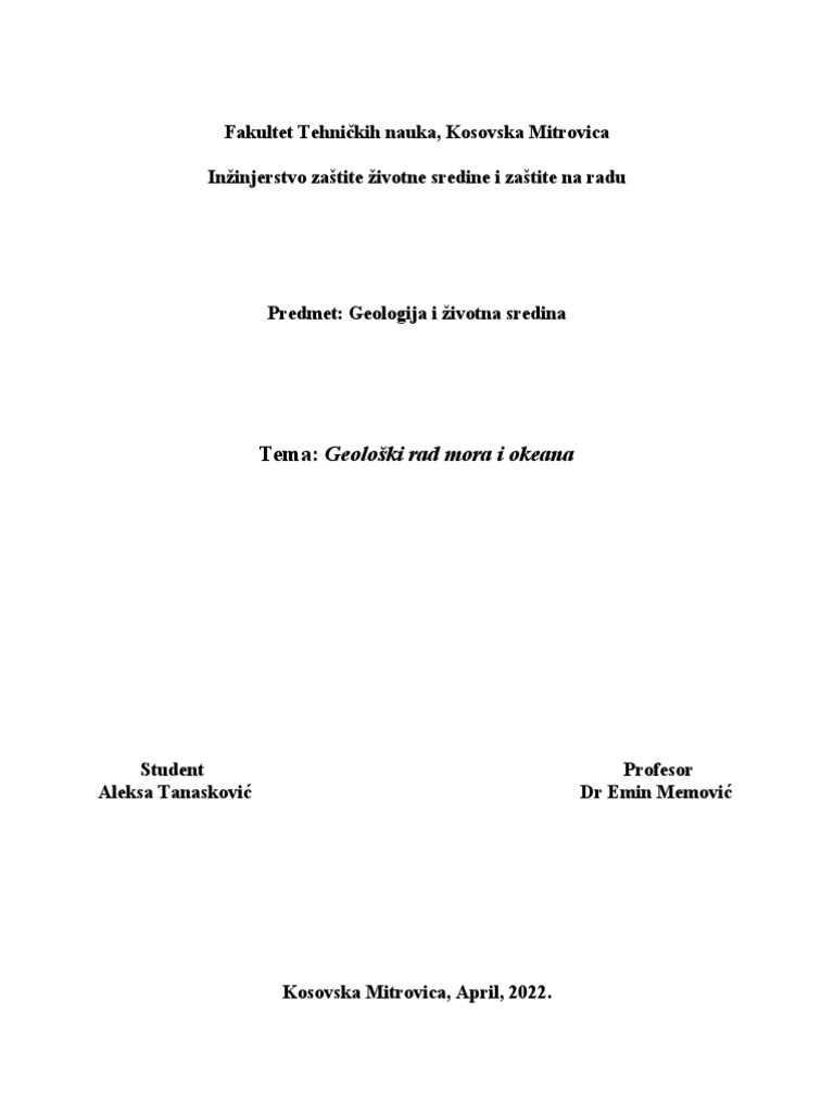 Geoloski Rad Mora I Okeana Aleksa Tanaskovic | PDF