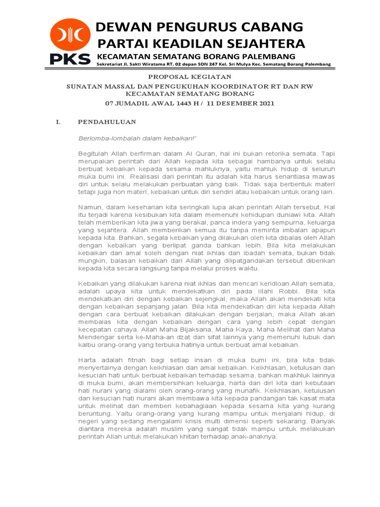 Proposal Sunatan Massal Ke DPD PKS Palembang | PDF