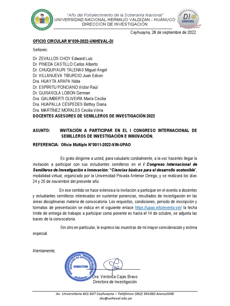 Oficio Circular N°039-2022-Unheval-Di | PDF