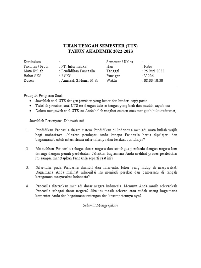 Uts Unpam Pend Pancasila Unpam Okt 2022 | PDF