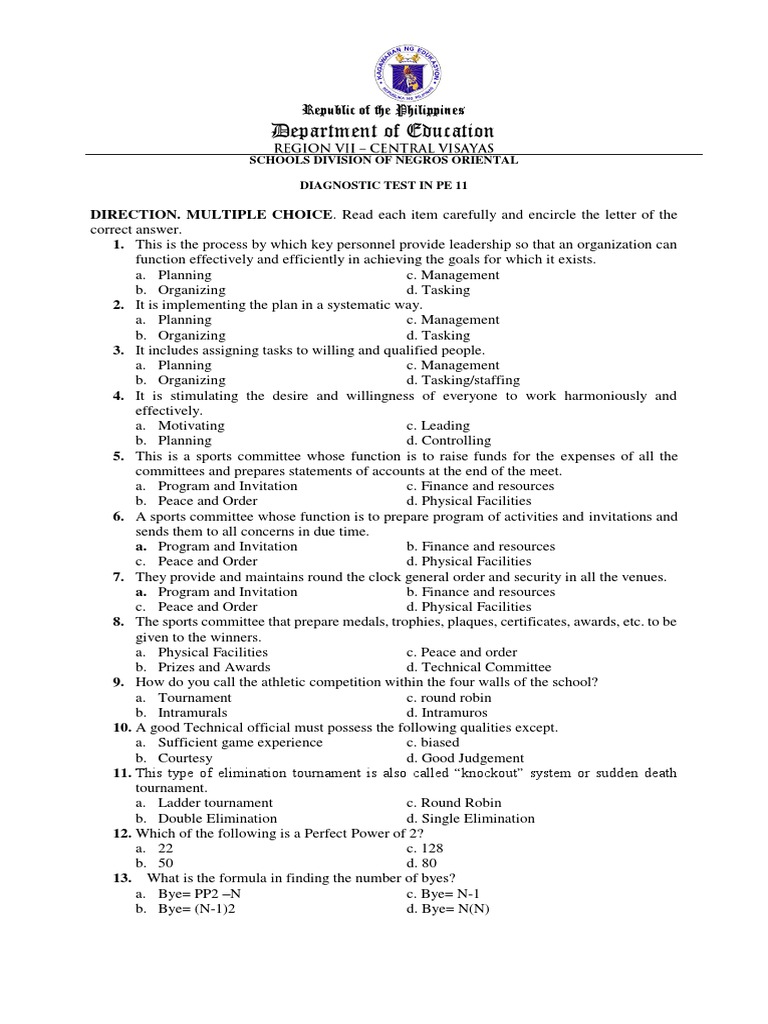 Pe 11 Diagnostic Test With Answer Key | PDF | Aerobic Exercise ...