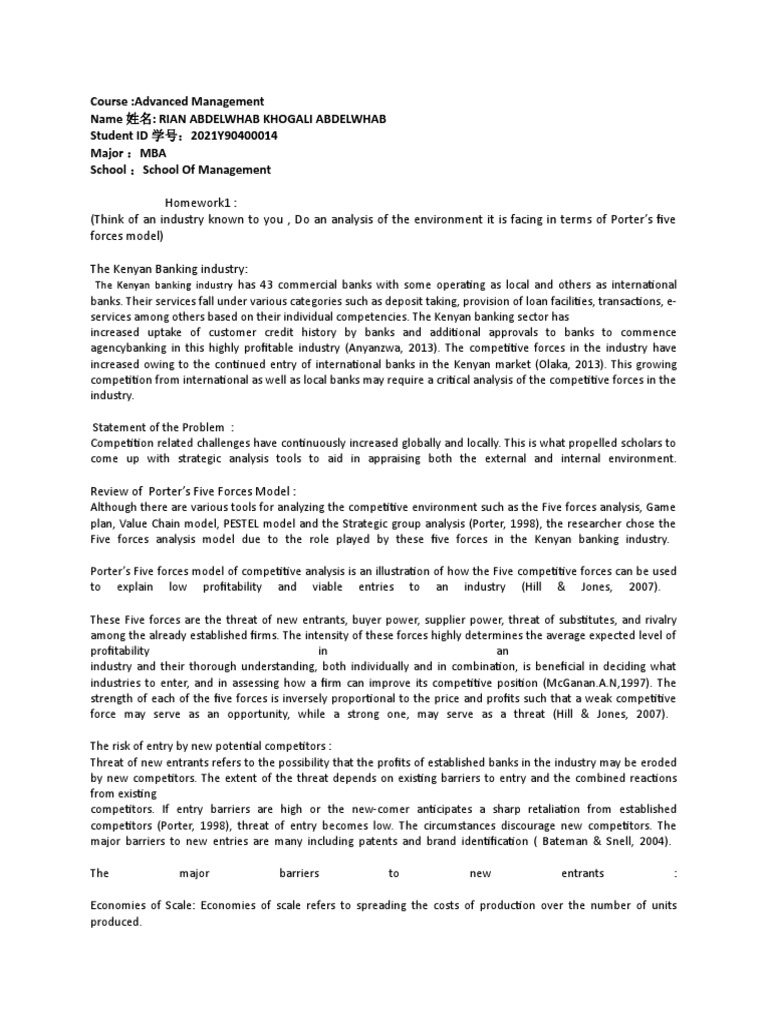 2022Y90400014 - Rian - Advanced Management Assignment # 1, Porter's 5 ...