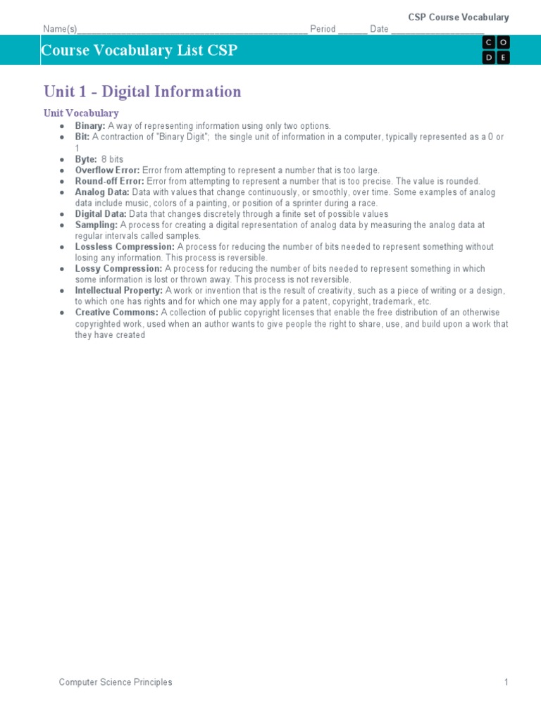 CSP Course Vocabulary | PDF | Computer Network | Computer Program