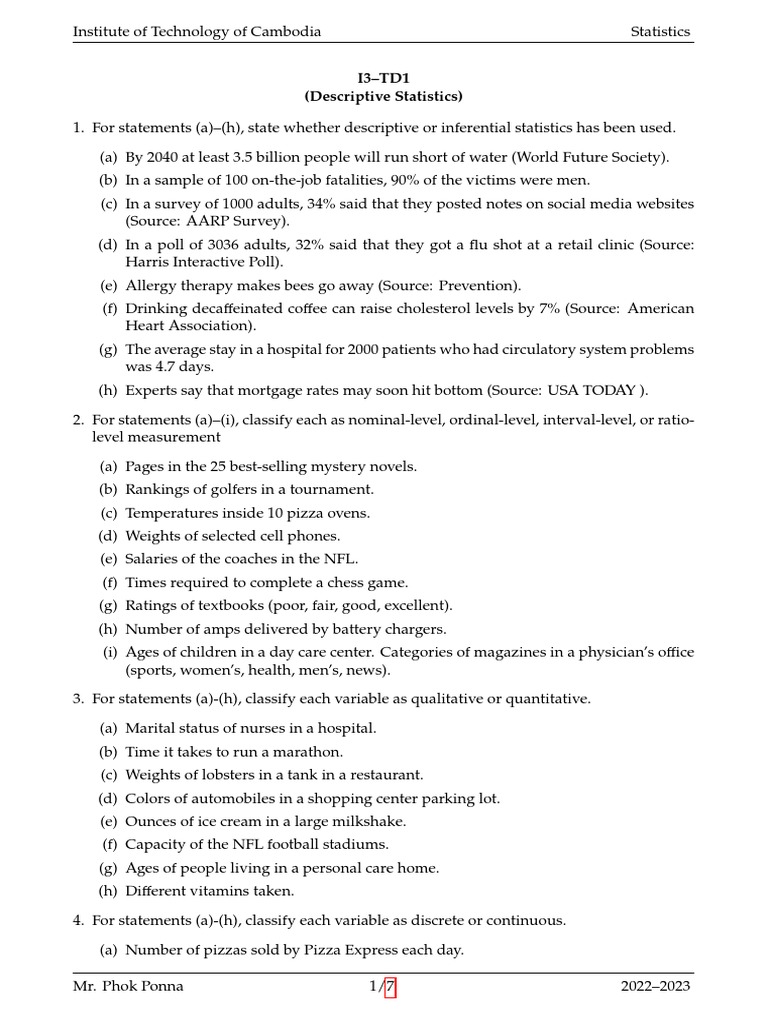 I3-TD1 (Descriptive Statistics) | PDF