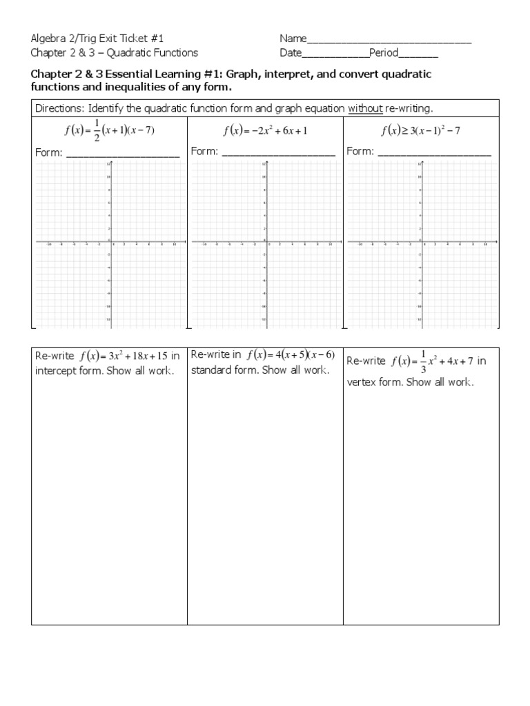 A2T Chapter 2 Exit Tickets | PDF | Quadratic Equation | Abstract Algebra