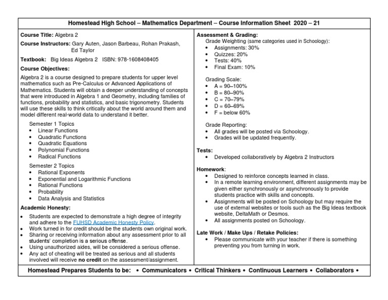 Algebra 2 Course Overview 2020-21 | PDF | Mathematics | Algebra