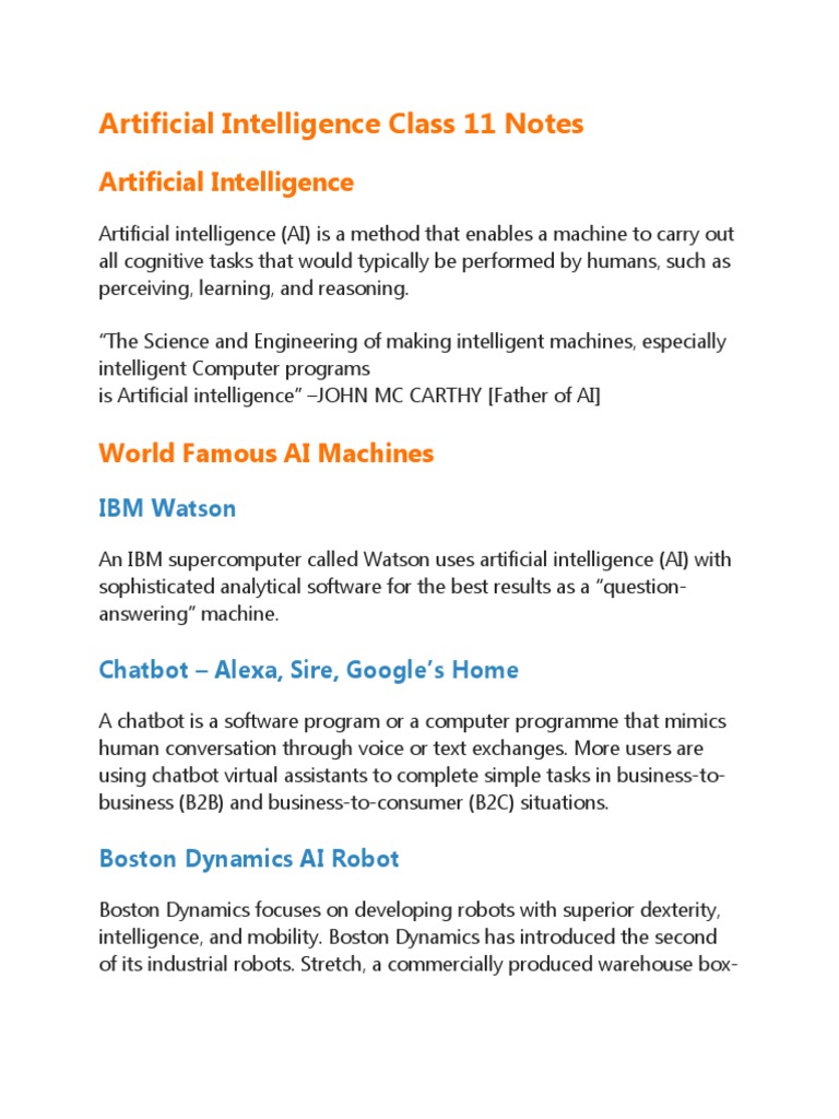 CH - 1 Artificial Intelligence Class 11 Notes | PDF | Machine Learning ...