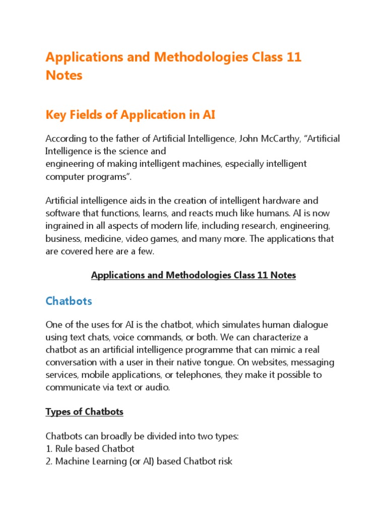 CH - 2 Applications and Methodologies Class 11 Notes | PDF | Artificial ...