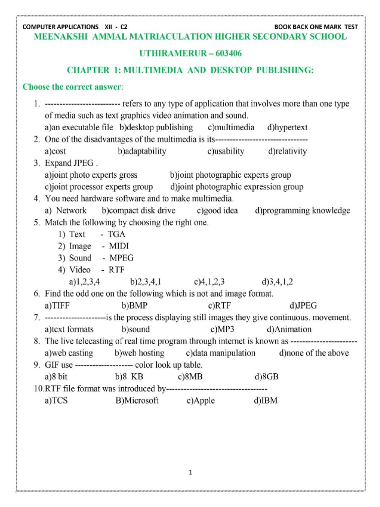 12th Computer Applications Book Back 1 Mark Questions Prepared by Mr. Mask | PDF