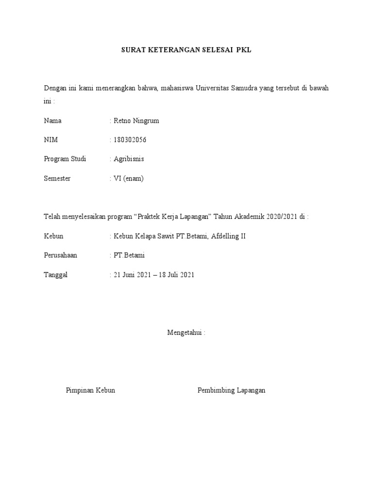 Surat Keterangan Selesai PKL | PDF
