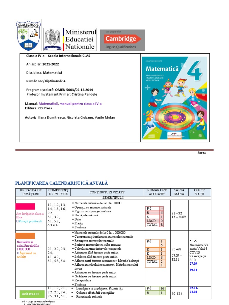 Planificare Matematica Cls A IV-A 21 22 | PDF