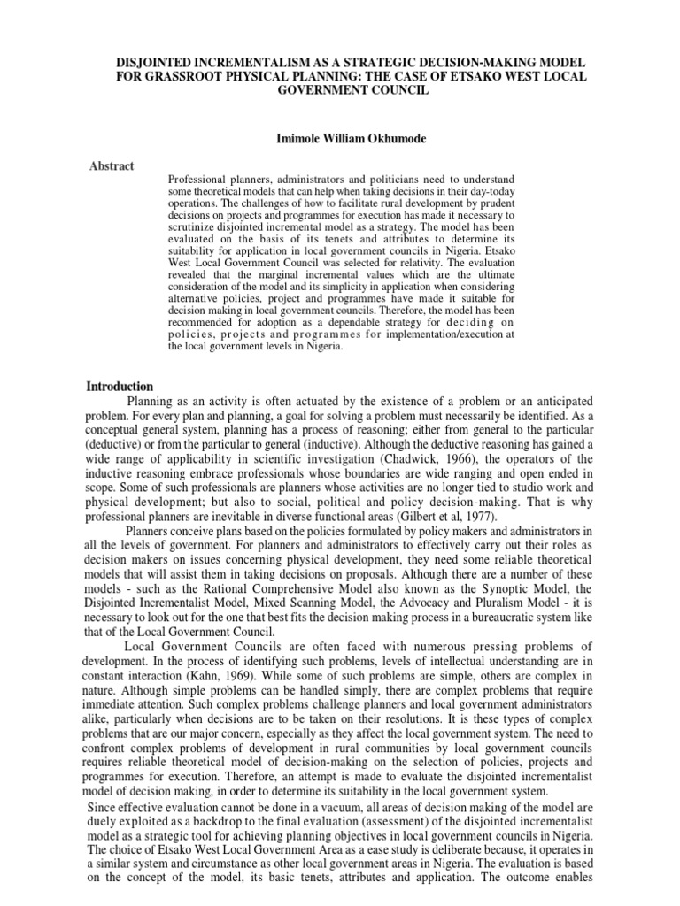 Disjointed Incrementalism in Etsako Planning | PDF | Decision Making ...