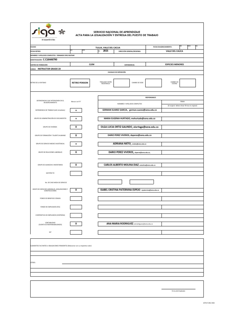 Entrega Puesto Sena Instrucciones Paz y Salvo Sena Clem FDB FDB Gth-f-051 v3 Acta para La ...
