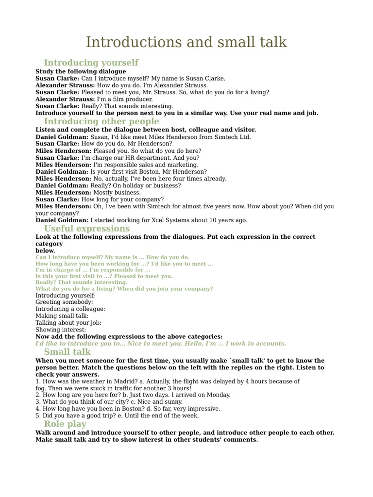 Introduction and Small Talk | PDF | Career & Growth