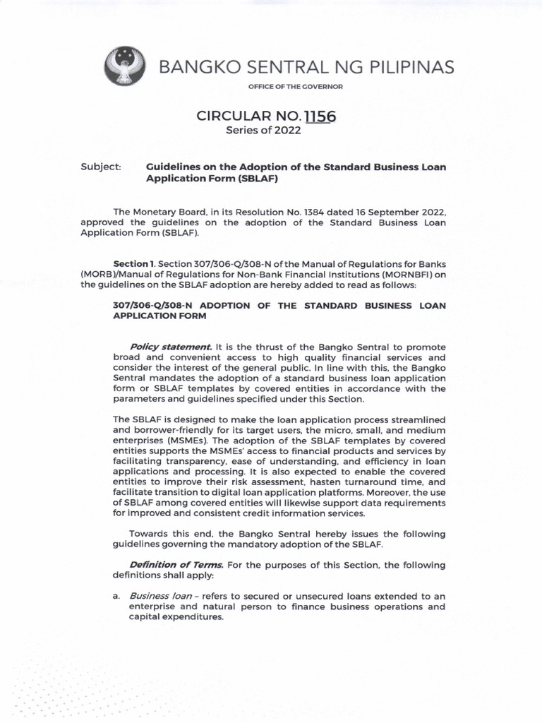 C1156 - Guidelines On The Adoption of The Standard Business Loan ...