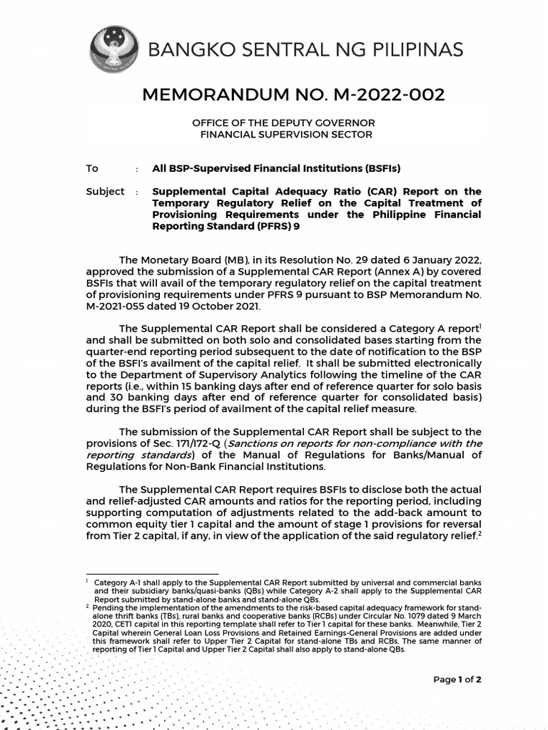 Memorandum No. M-2022-002 | PDF | Capital Requirement | Capital Adequacy Ratio