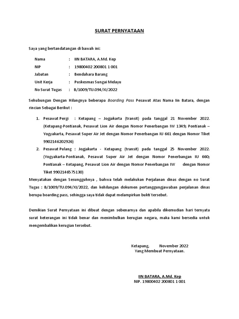 Surat Pernyataan Boarding Pass | PDF
