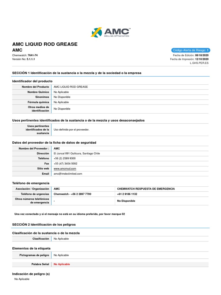 Guía de Seguridad AMC Liquid Rod Grease | PDF | Agua | Contaminación