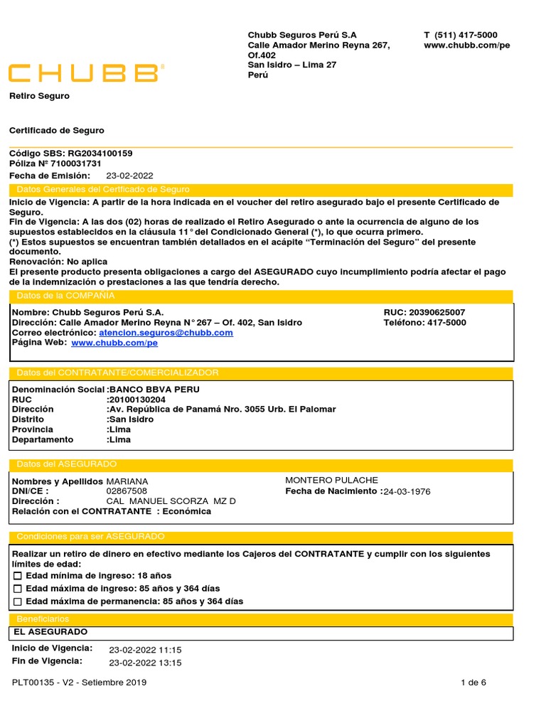 Certificado de Seguro Chubb Perú S.A. | PDF | Póliza de seguros | Seguro