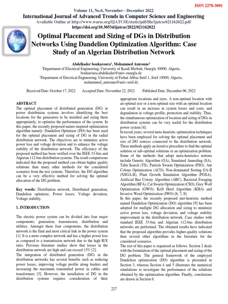 Optimal Placement And Sizing Of Dgs In Distribution Networks Using Dandelion Optimization