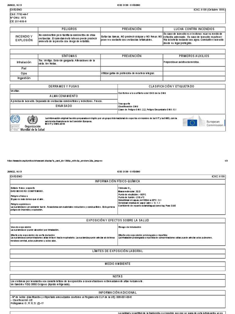 Icsc 0138 - Oxígeno - Hoja de Seguridad | PDF | Oxígeno | Agua
