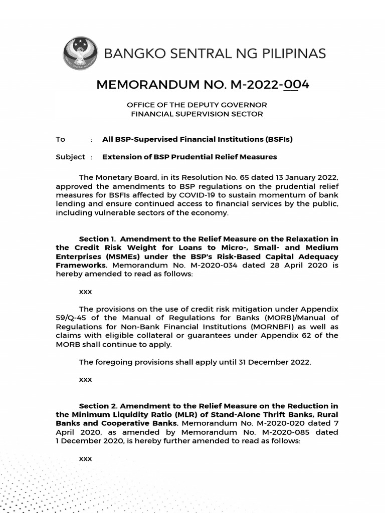 M-2022-004 - Extension of BSP Prudential Relief Measures | PDF | Banks ...