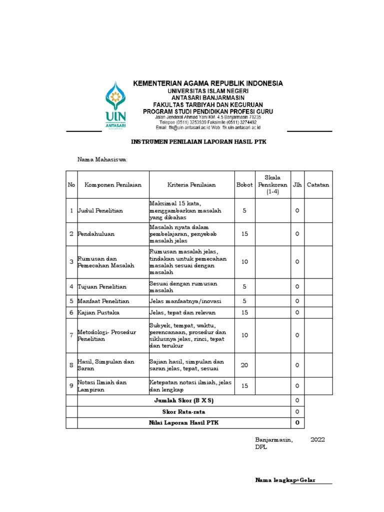 Instrumen Penilaian Laporan Hasil PTK | PDF