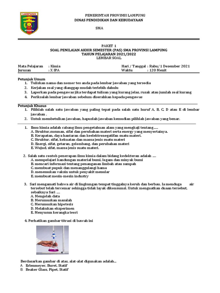 Soal Kimia Kelas X Paket A Pas Ganjil 2021 | PDF