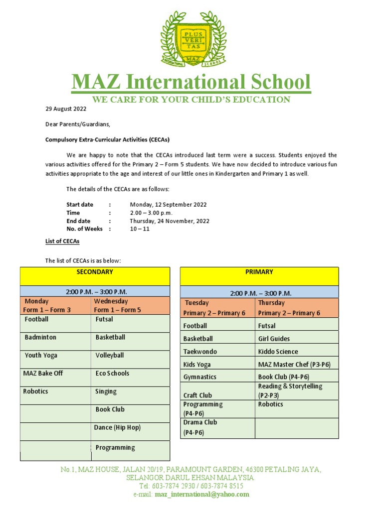 Letter To Parents - Compulsory Extra-Curricular Activities (CECAs) | PDF