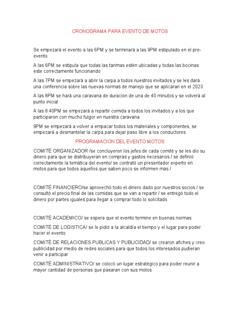 Cronograma y Programacion Evento de Motos | PDF