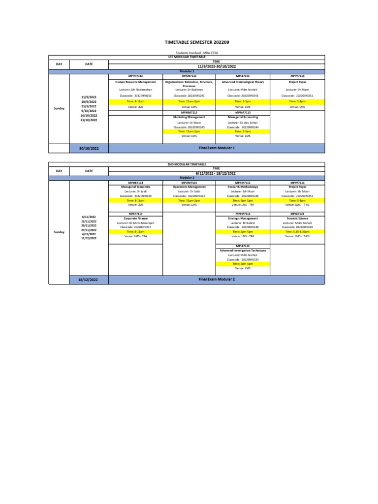 Timetable Mba Ct2g 202209 | PDF | Master Of Business Administration ...