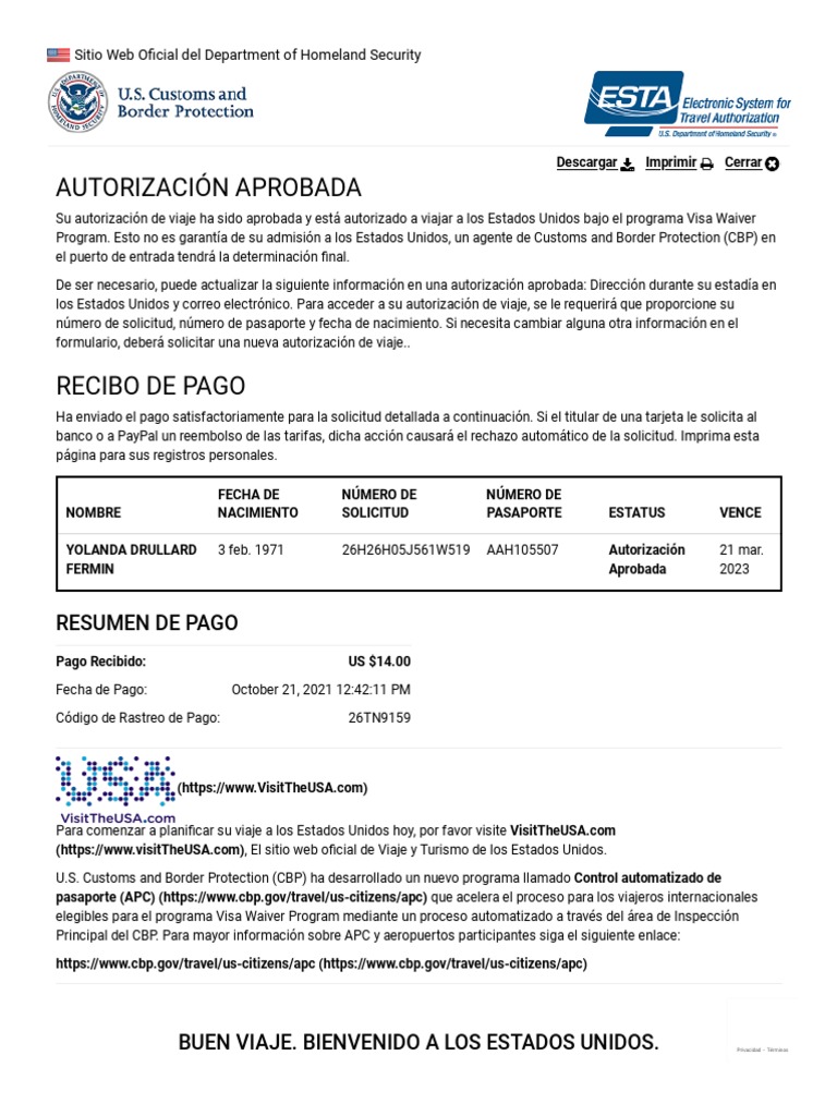 Official ESTA Application Website, U.S. Customs and Border Protection | PDF