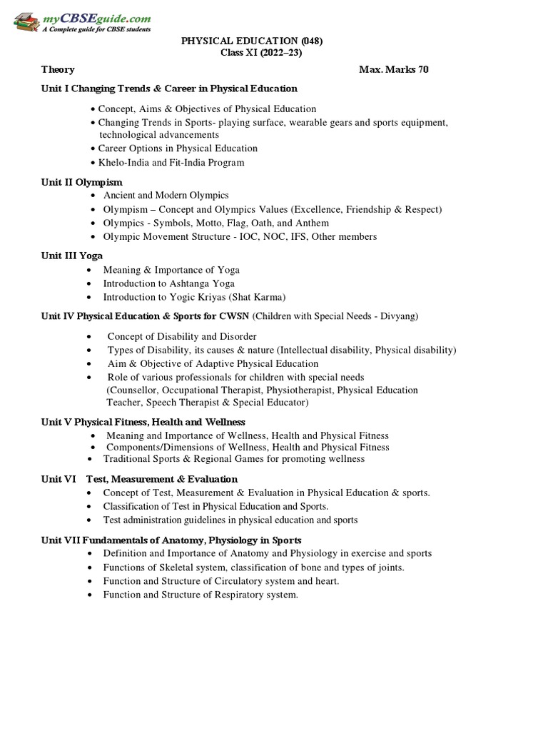 Class 11 Physical Education Syllabus 2022-24 | PDF | Anatomical Terms ...