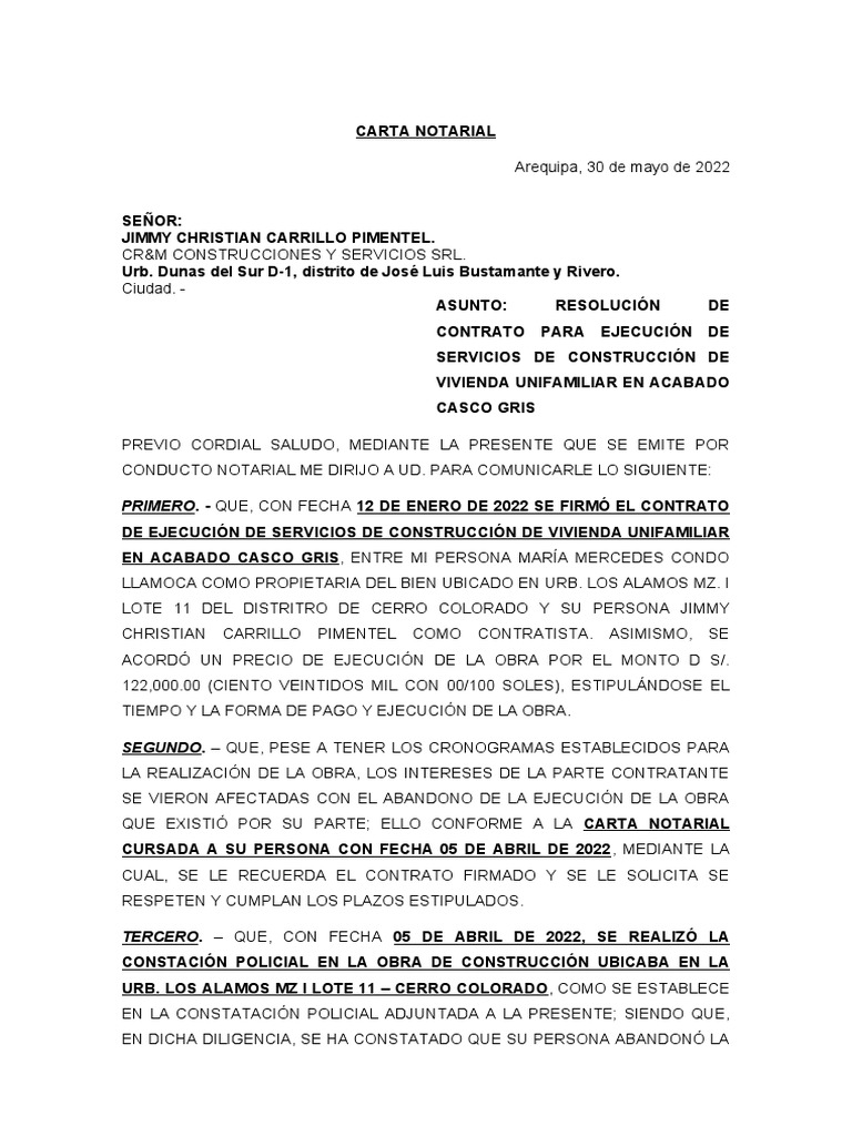 Carta Notarial - Resolucion de Contrato | PDF