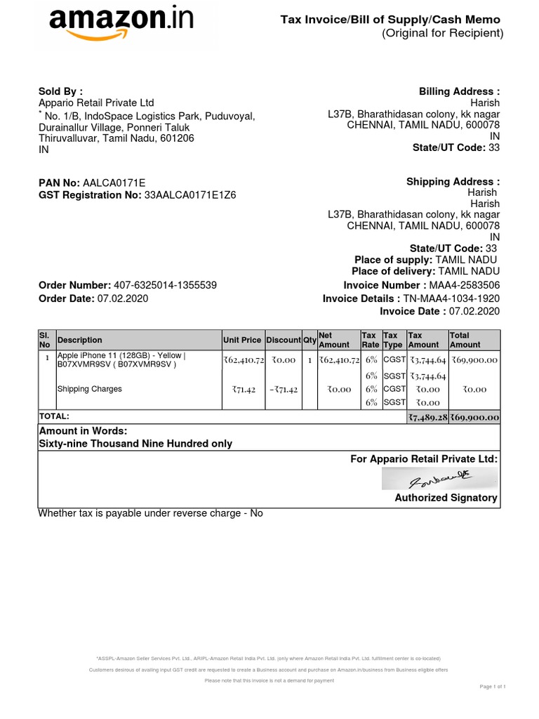 Tax Invoice for the Sale of an Apple iPhone 11 from Appario Retail ...