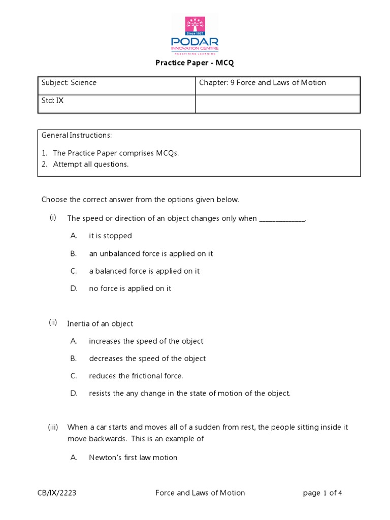 CB - IX - Sci - CH 9 Force and Laws of Motion - MCQ | PDF | Force ...