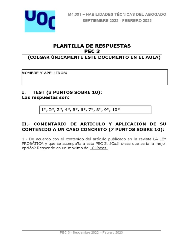 Plantilla de Respuestas Pec 3 | PDF