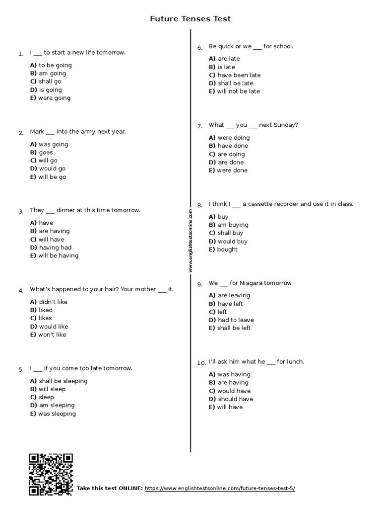 Future Tenses Test with Answers | PDF