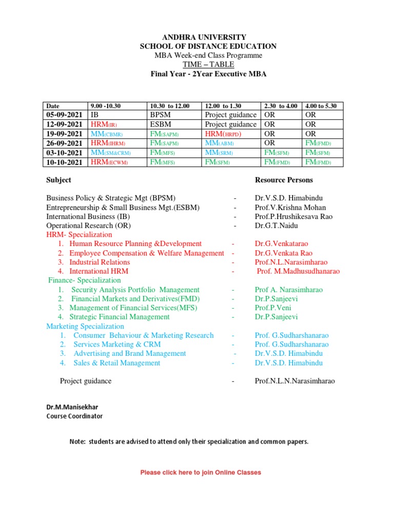 Time Table 2year Excutive Mba-Final Year | PDF | Public Sphere ...