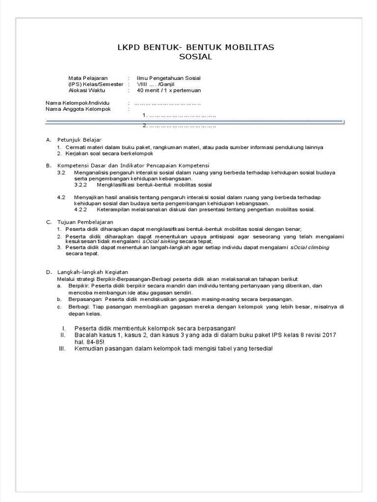 Lkpd Materi Bentuk Bentuk Mobilitas Sosial Ips Kelas 8 Pdf