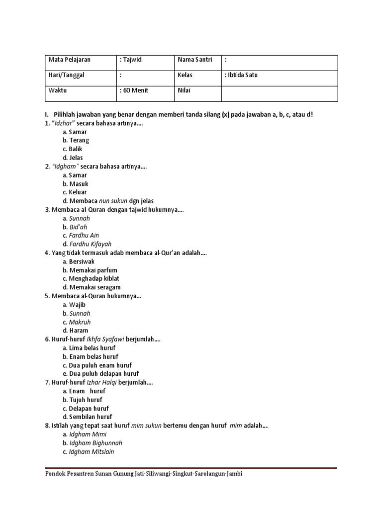Soal Tajwid Ibtida Satu | PDF | Seni & Disiplin Bahasa