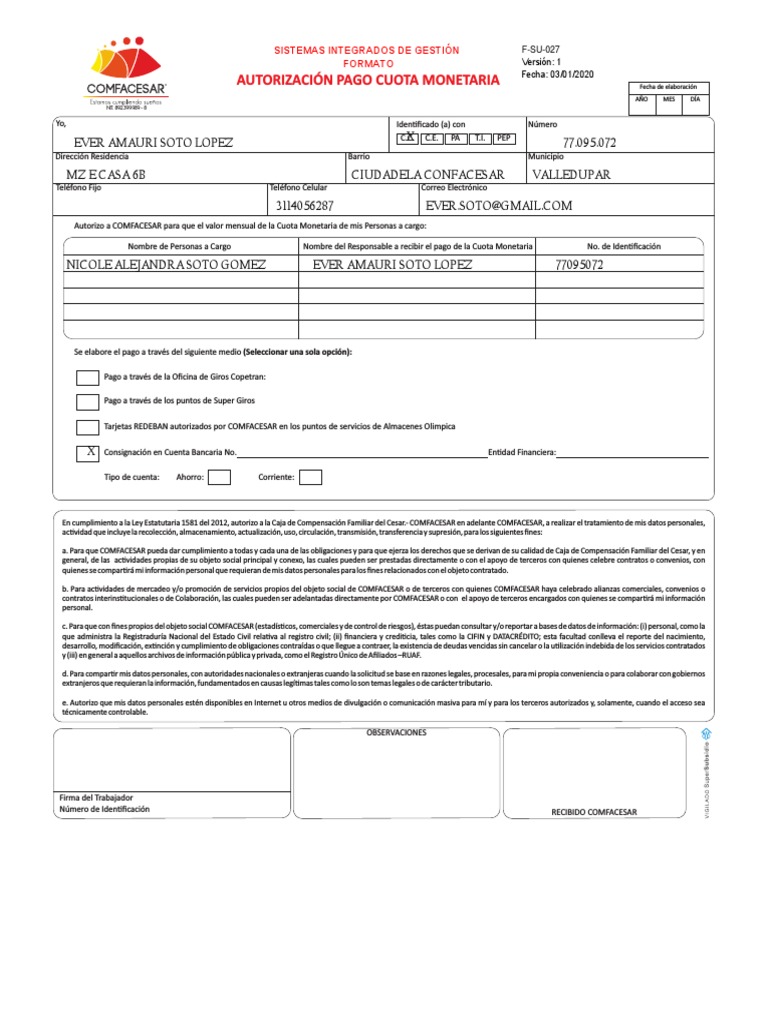 Autorización de Pago Cuota Monetaria COMFACESAR | PDF