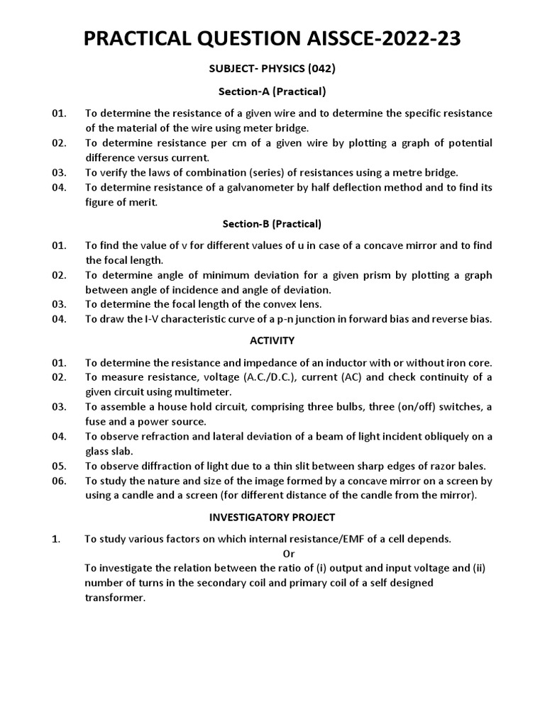 Physics Practical Questions AISSCE 2022-23 | PDF