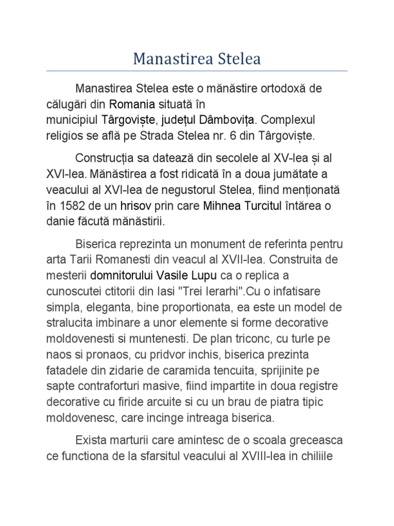 Manastirea Stelea | PDF